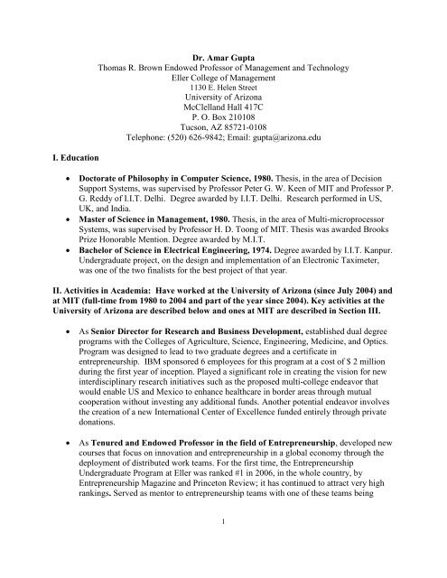 Dr. Amar Gupta Thomas R. Brown Endowed Professor of ...