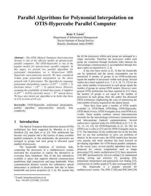 Parallel Algorithms for Polynomial Interpolation on OTIS-Hypercube ...
