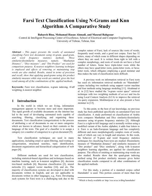 Farsi Text Classification Using N-Grams and Knn Algorithm A