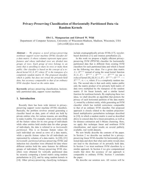 Privacy-Preserving Classification of Horizontally Partitioned Data via ...