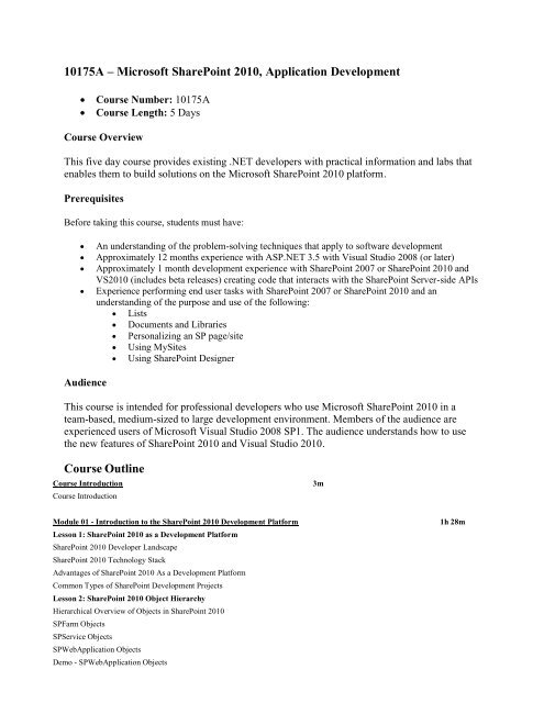 10175A – Microsoft SharePoint 2010, Application Development ...