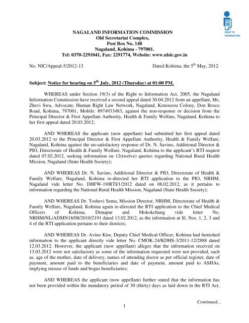 5th May'12 - Nagaland State Information Commission