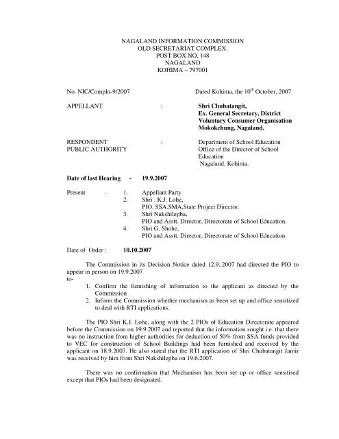 10 Oct'07 - Nagaland State Information Commission