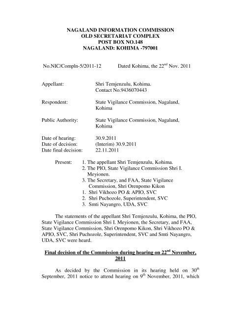 22 Nov'11 - Nagaland State Information Commission
