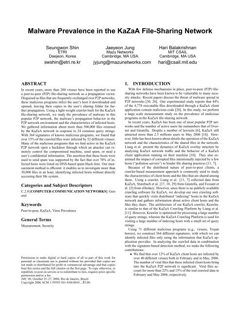 Malware Prevalence in the KaZaA File-Sharing Network