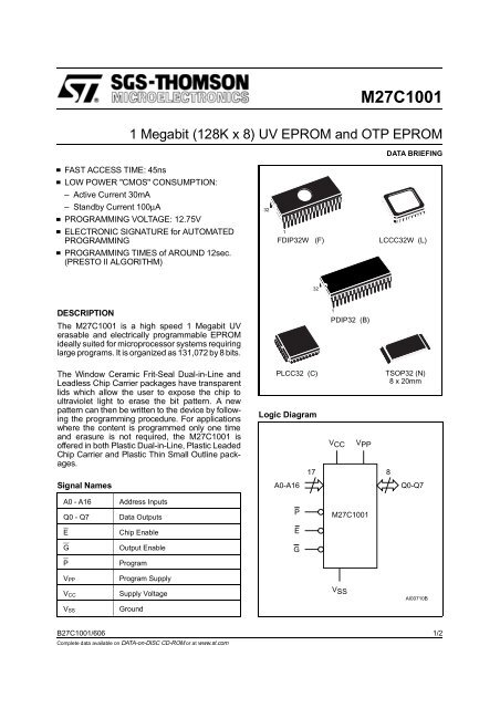 1 MEGABIT (128K X 8) UV EPROM AND OTP EPROM - BRIEF DATA