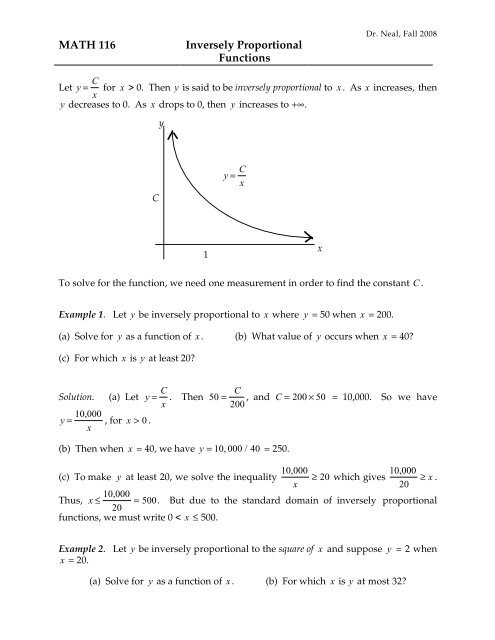 MATH 116 Inversely Proportional Functions
