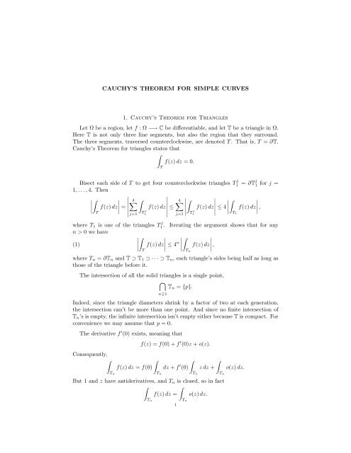 CAUCHY'S THEOREM FOR SIMPLE CURVES 1. Cauchy's ...
