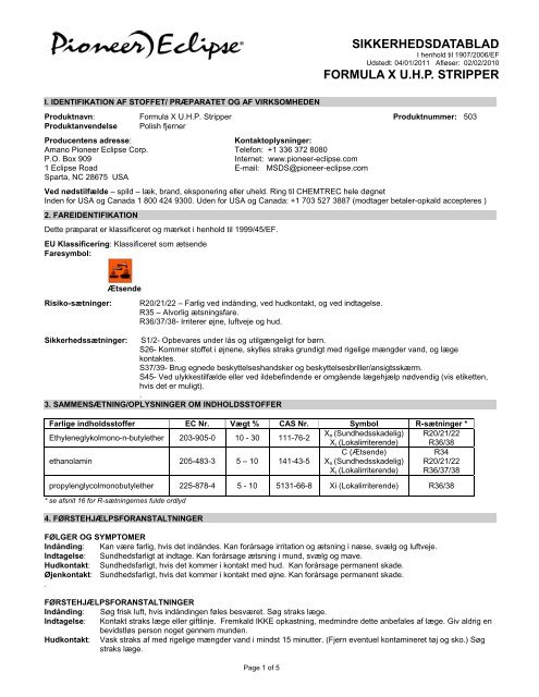 sikkerhedsdatablad formula x uhp stripper - Amano Pioneer Eclipse ...
