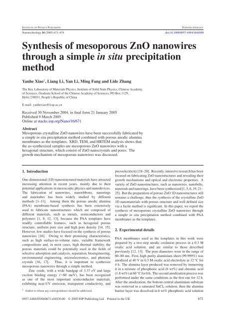 Synthesis of mesoporous ZnO nanowires through a simple in situ ...