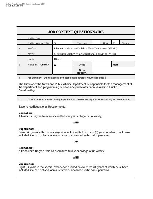 JOB CONTENT QUESTIONNAIRE - Mississippi Public Broadcasting