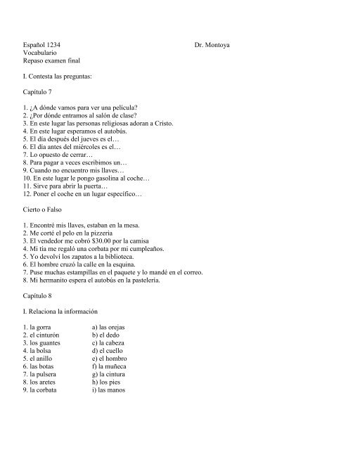 Español 1234 Dr. Montoya Vocabulario Repaso examen final I ...