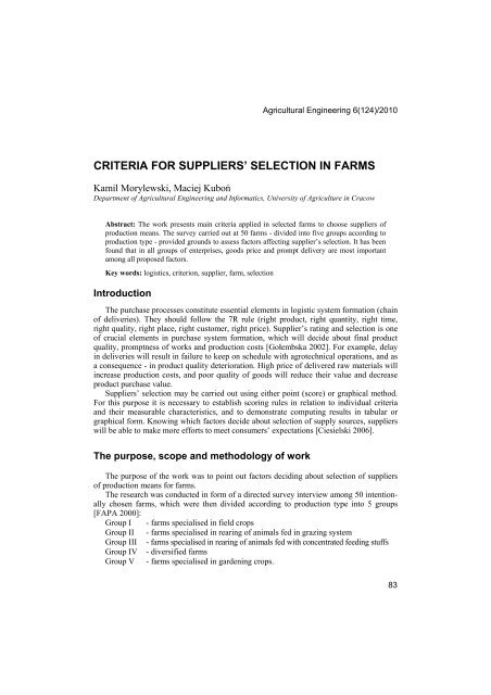 CRITERIA FOR SUPPLIERS' SELECTION IN FARMS CRITERIA FOR SUPPLIERS' SELECTION IN FARMS