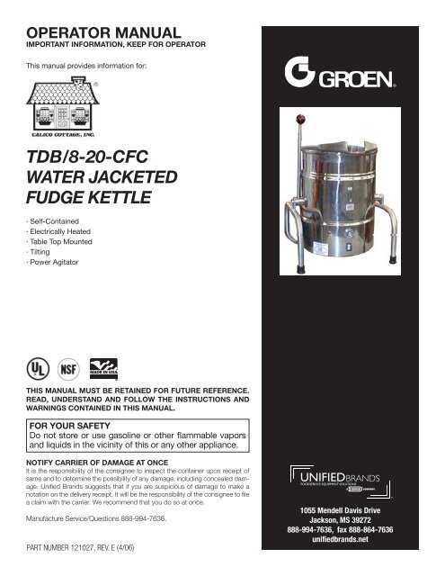 TDB/8-20-CFC, Water Jacketed Fudge Kettle, Operator ... - Parts Town