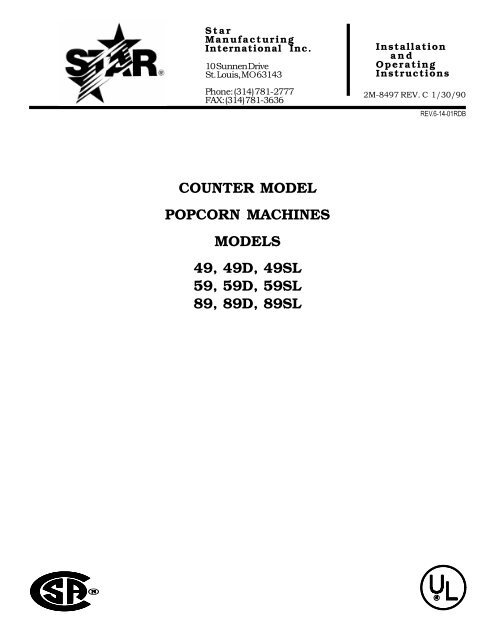 counter model popcorn machines models 49, 49d, 49sl ... - Parts Town