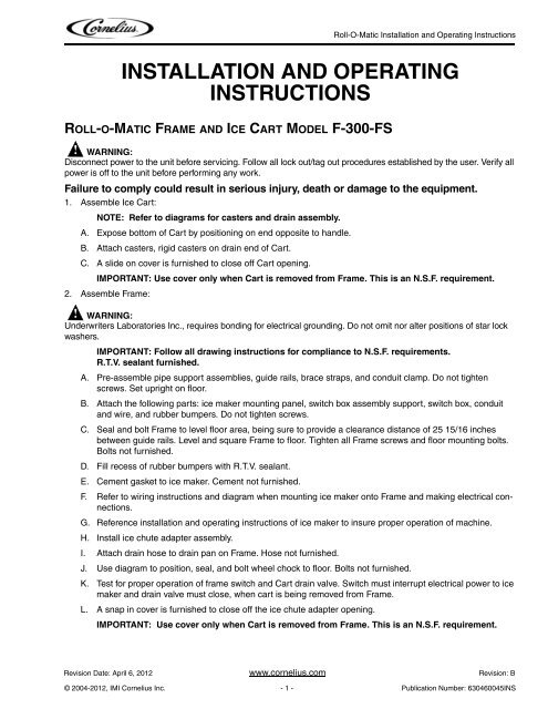 INSTALLATION AND OPERATING INSTRUCTIONS - Parts Town
