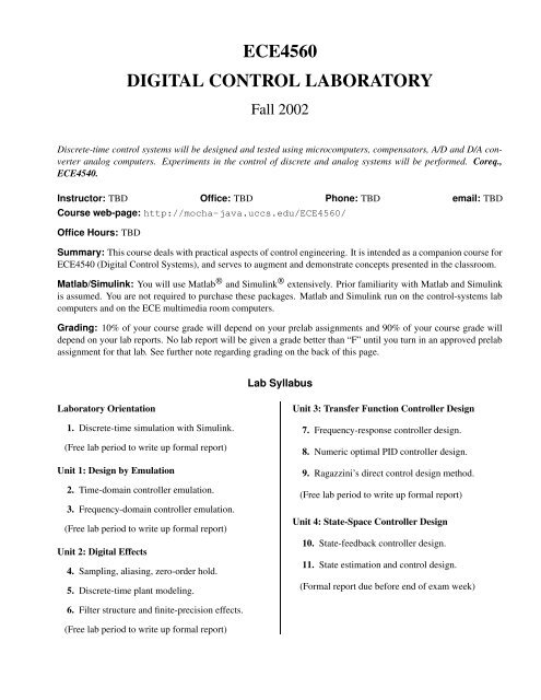 ECE4560 DIGITAL CONTROL LABORATORY - Dr. Gregory L. Plett