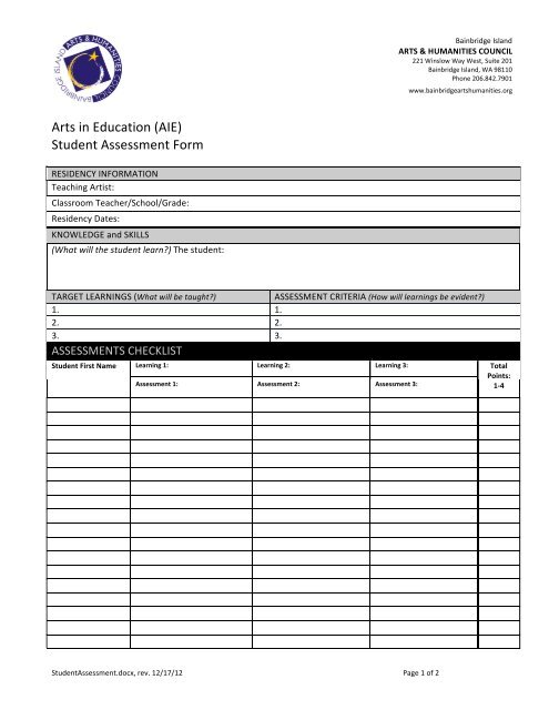 Student Assessment Form