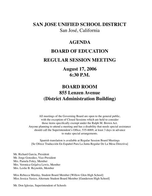 SAN JOSE UNIFIED SCHOOL DISTRICT San José, California ...