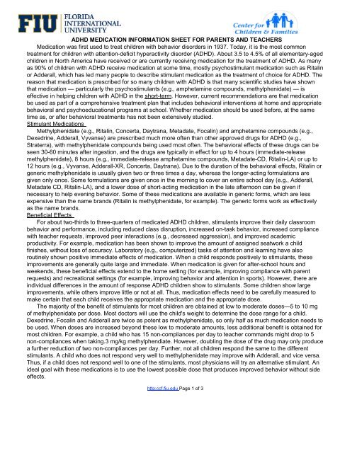 ADHD Medication Information Sheet for Parents and Teachers