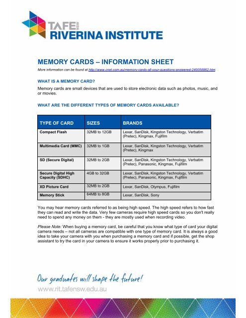 MEMORY CARDS – INFORMATION SHEET - George Holt's Wiki