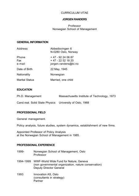 CURRICULUM VITAE JORGEN RANDERS Professor Norwegian ...