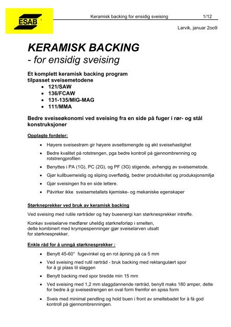 KERAMISK BACKING - Esab