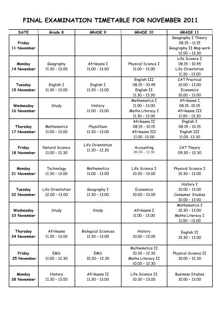 FINAL EXAMINATION TIMETABLE FOR NOVEMBER 2011