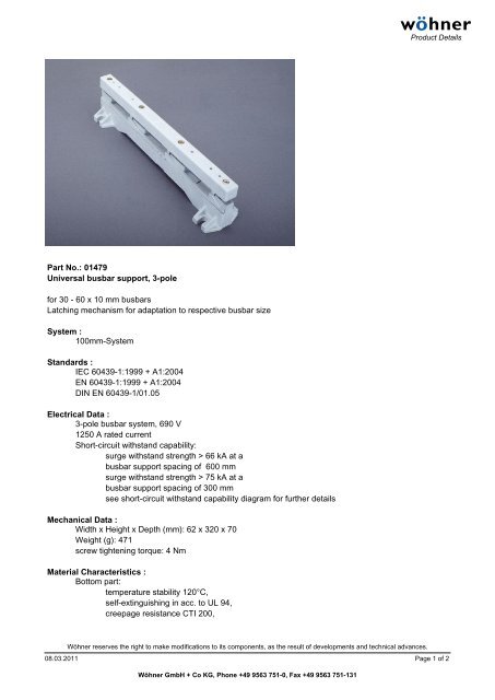 Part No.: 01479 Universal busbar support, 3-pole for 30 ... - Schrack