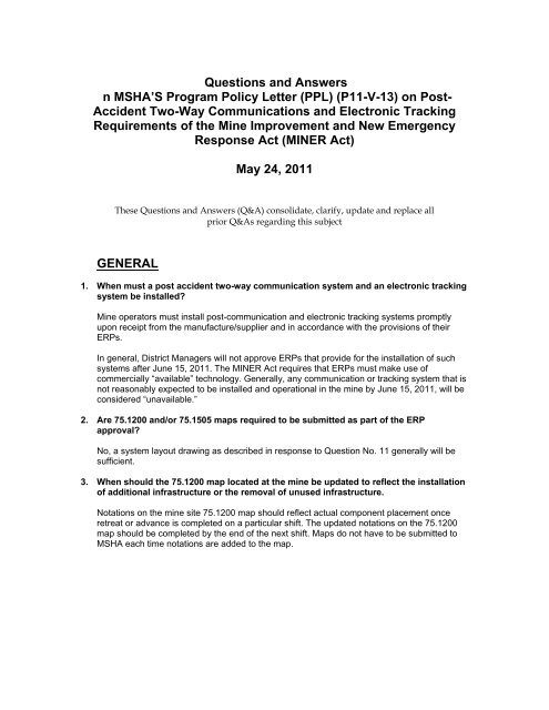 (PPL) (P09-V-01) - Mine Safety and Health Administration