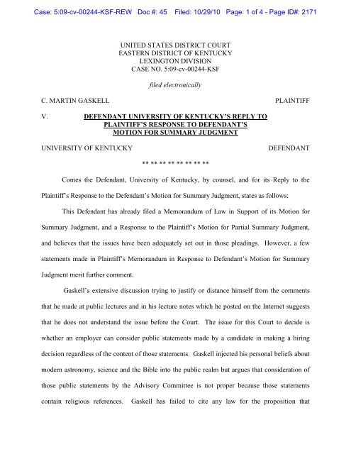 Defendant's Reply to Plaintiff's Response Defendant's Reply to Plaintiff's Response