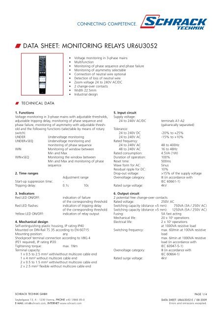 w DATA SHEET: MONITORING RELAYS UR6U3052 - Schrack