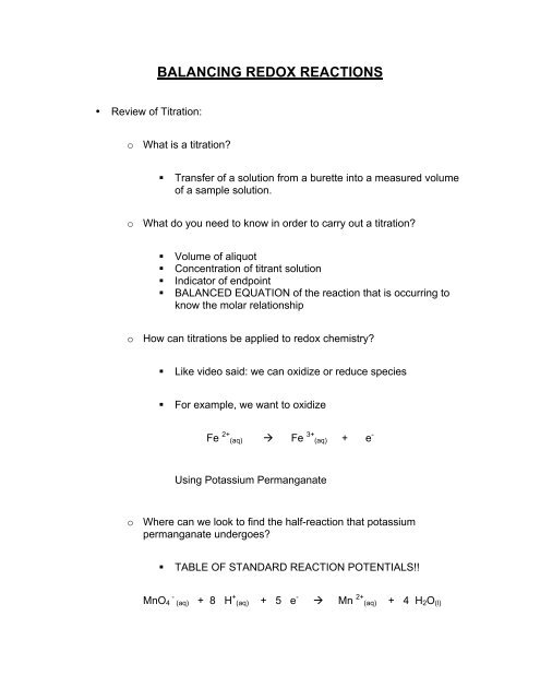 BALANCING REDOX REACTIONS - Homepage Usask