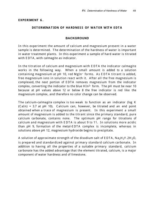 EXPERIMENT 6. DETERMINATION OF HARDNESS OF WATER ...