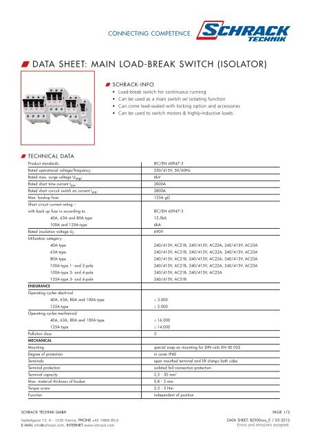 W DATA SHEET: MAIN LOAD-BREAK SWITCH (ISOLATOR) - Schrack
