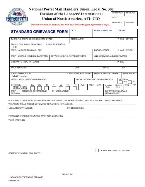 Standard Grievance Form - Local 300 National Postal Mail Handlers ...