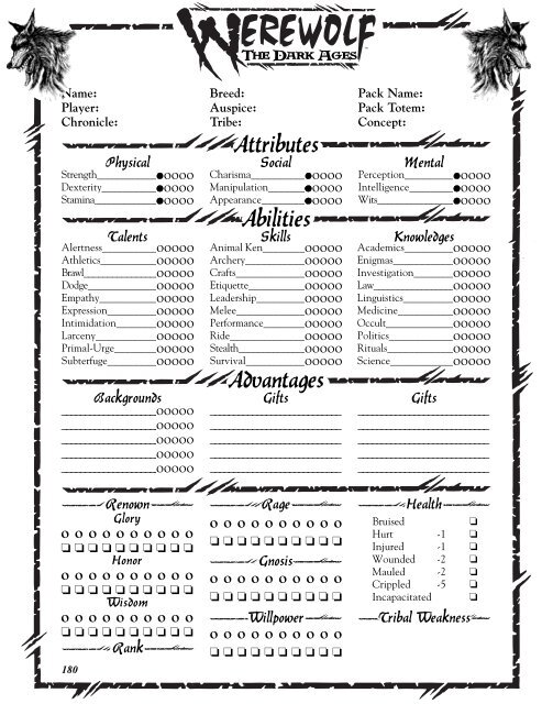 Werewolf Character Sheet