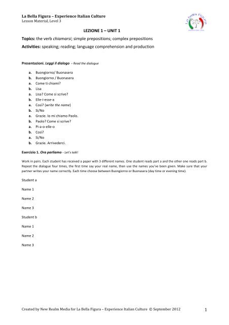 1 LEZIONE 1 ? UNIT 1 Topics: the verb chiamarsi ... - Italian Week
