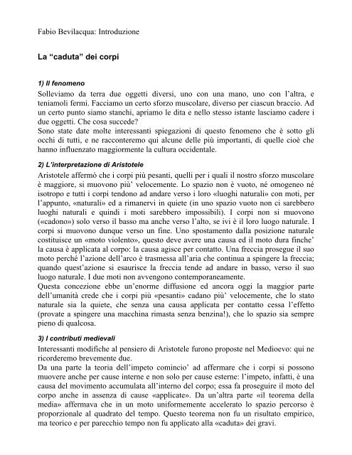 Fabio Bevilacqua: Introduzione La “caduta” dei corpi Solleviamo da ...