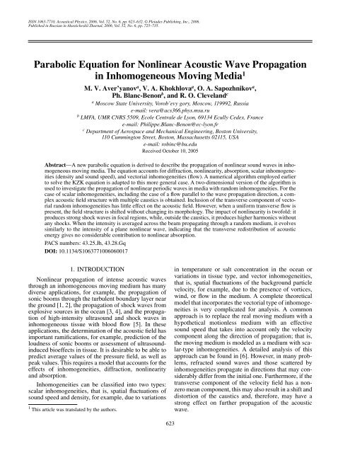 Parabolic equation for nonlinear acoustic wave propagation in ...