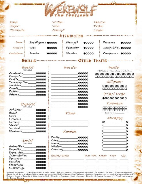 Werewolf the Forsaken 4-Page Interactive Sheet
