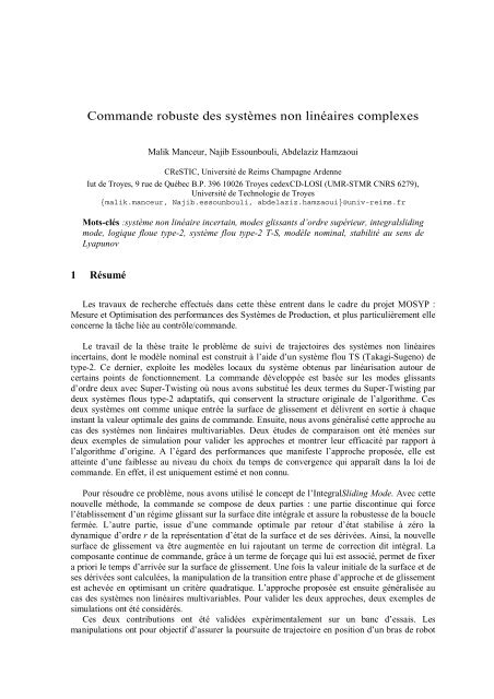 Commande robuste des systèmes non linéaires complexes