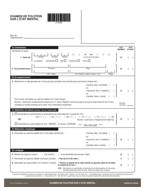 'examen de Folstein sur l'état mental