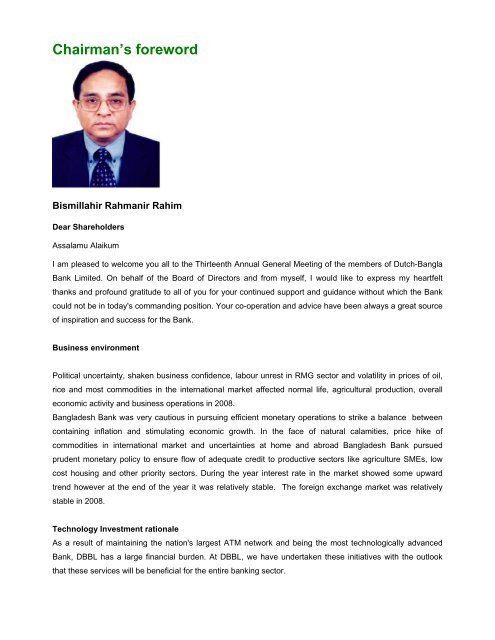 Chairman's foreword - Dutch-Bangla Bank Limited