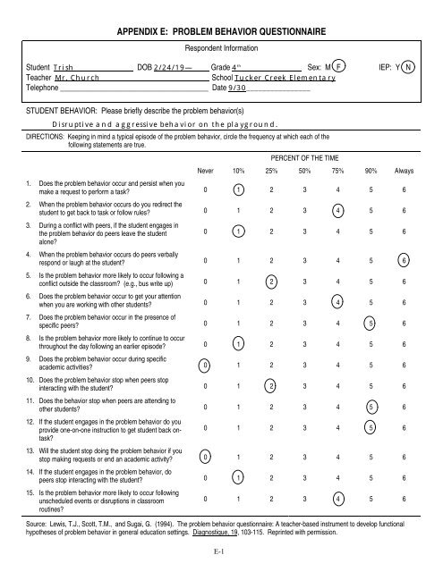 Appendix E: Problem Behavior Questionnaire