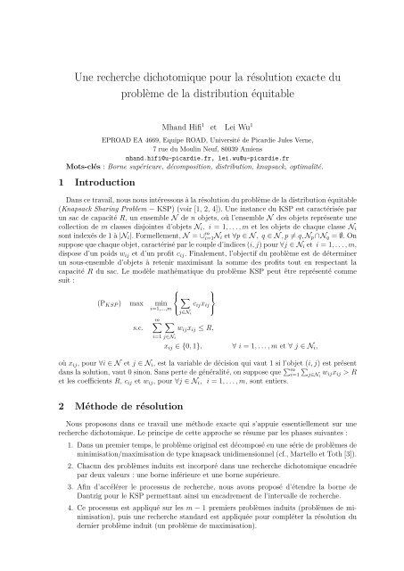 Une recherche dichotomique pour la résolution exacte du problème ...