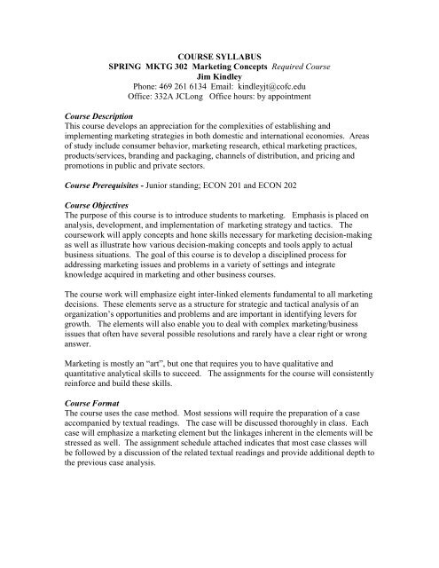 COURSE SYLLABUS SPRING MKTG 302 Marketing Concepts ...