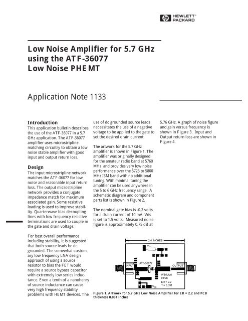 Low Noise Amplifier for 5.7 GHz using the ATF-36077 Low Noise ...