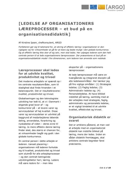 LEDELSE AF ORGANISATIONERS LÆREPROCESSER et bud på en LEDELSE AF ORGANISATIONERS LÆREPROCESSER et bud på en