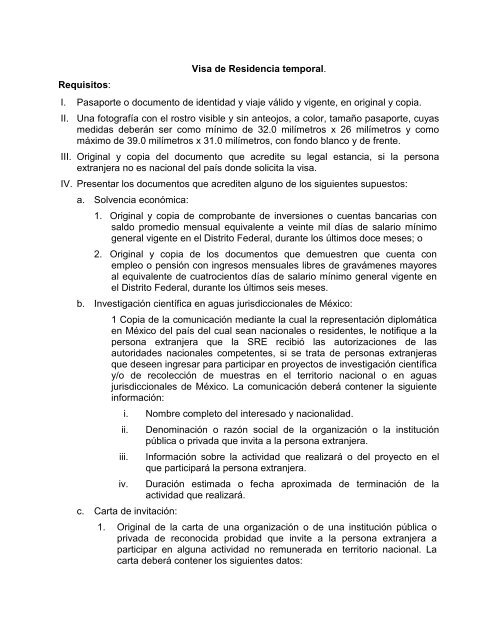 Visa de Residencia temporal. Requisitos: I. Pasaporte o documento ...